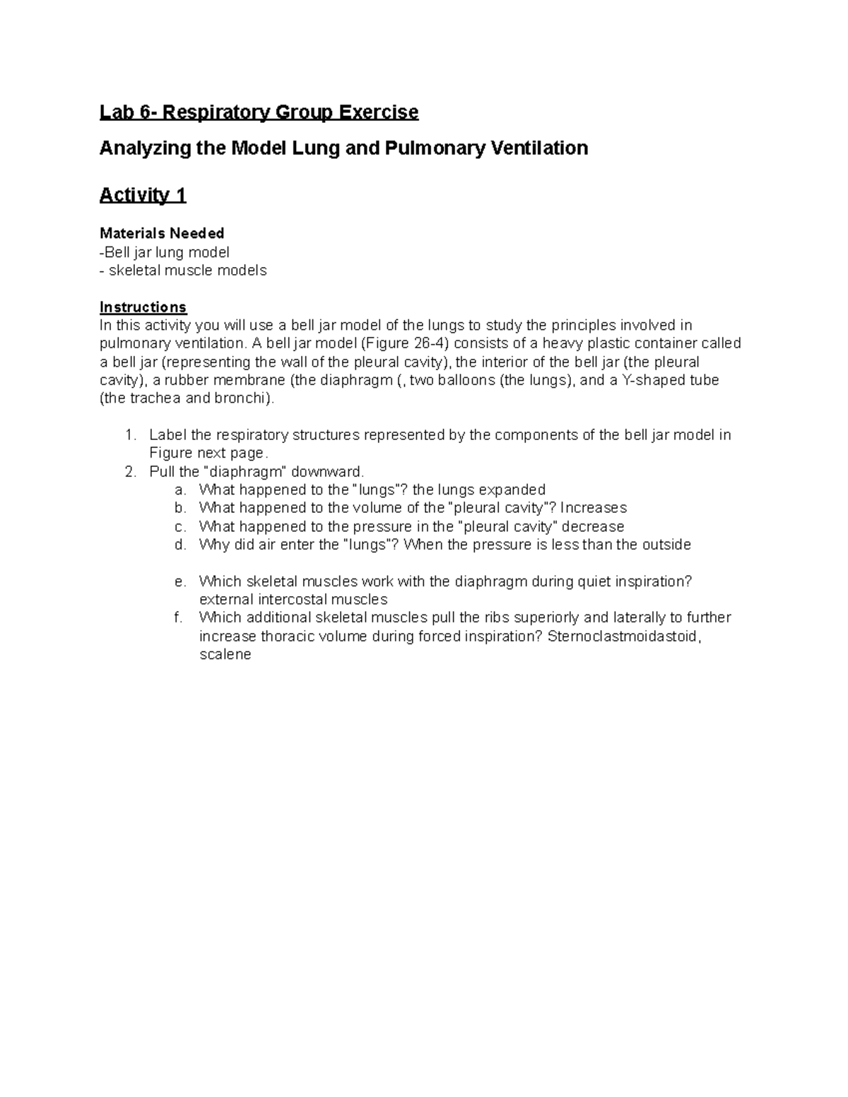 Lab 6 - Respiratory Physiology Group Exercise and Analysis - Studocu