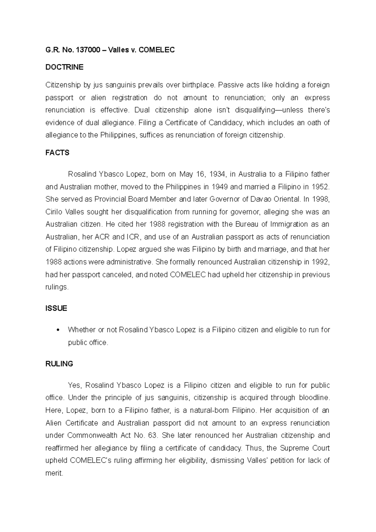 ITL Case Digests: Key Rulings on Citizenship and Public Office - Studocu