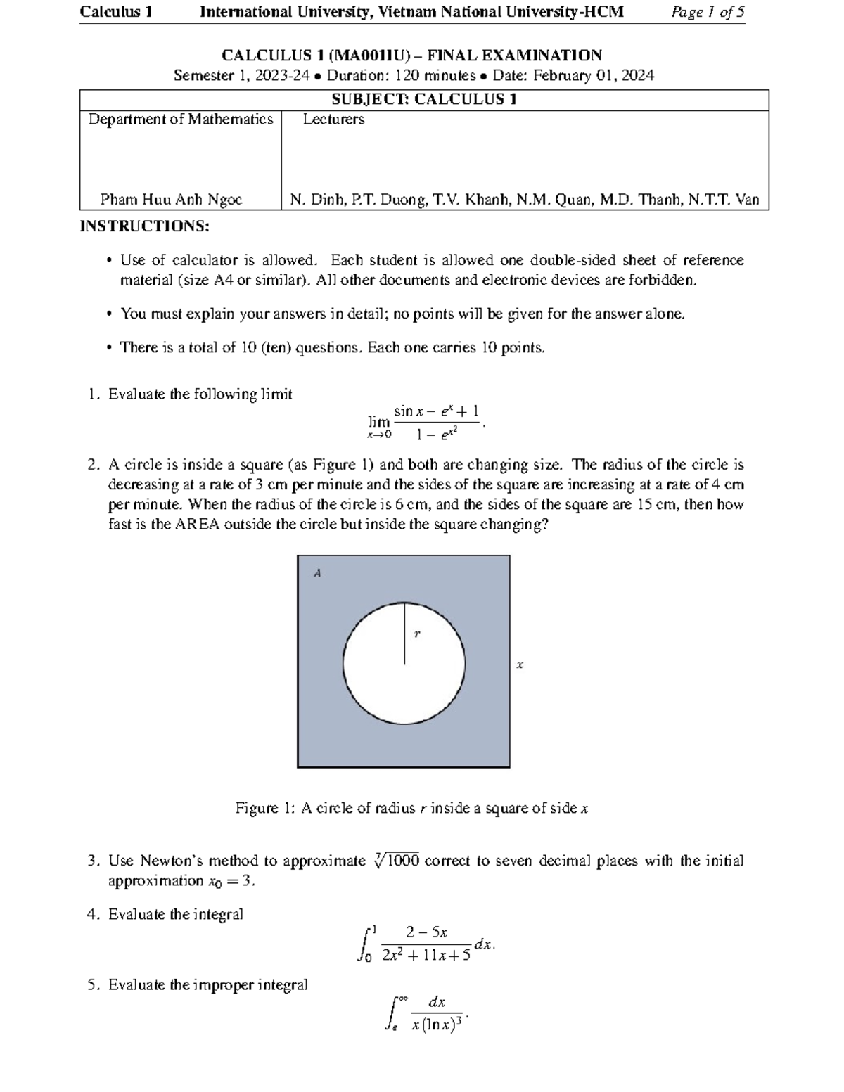 Calculus 1 (MA001IU) Final Exam S1 2023-24 with Detailed Solutions ...