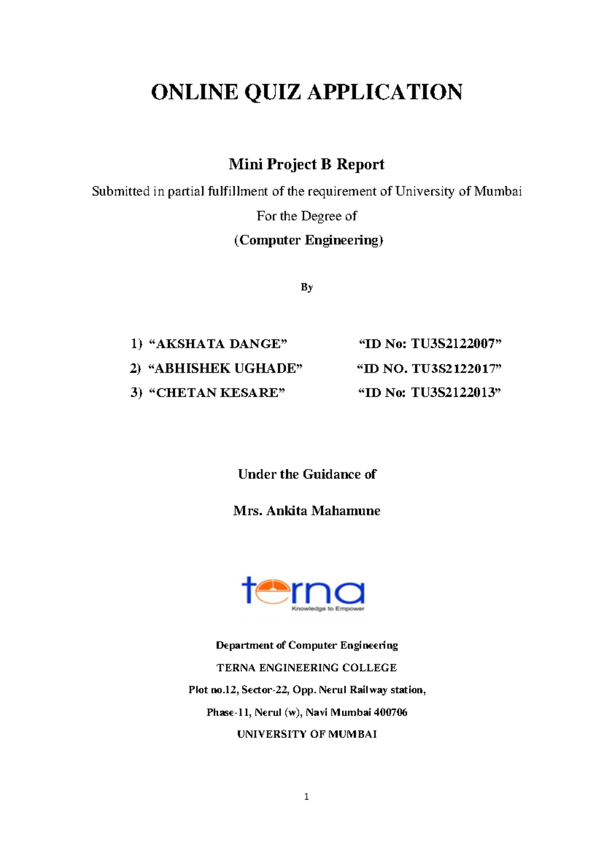 Online Quiz Application Project Report B - ONLINE QUIZ APPLICATION Mini ...