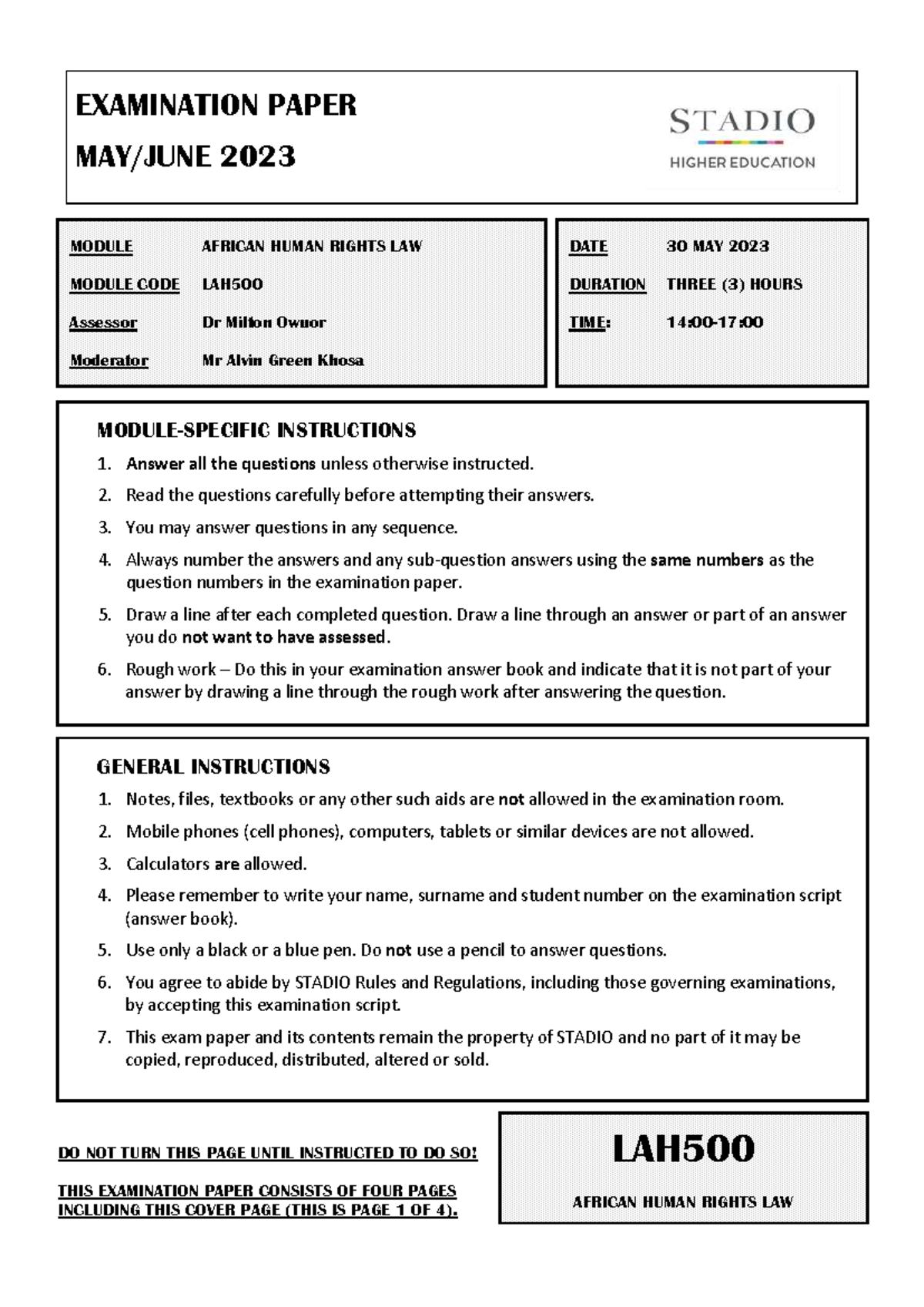 LAH500 African Human Rights Law Exam Paper 2023 - Instructions ...