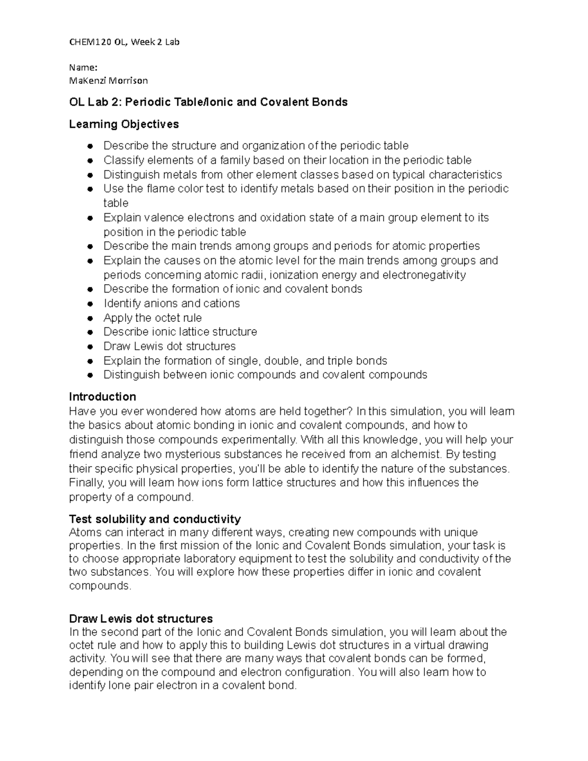 Week 2 Lab-Periodic Table and Ionic and Covalent Bonds.docx - Name ...