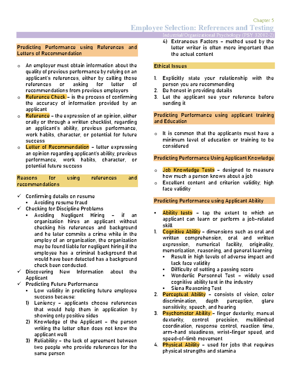 Chapter 5: Employee Selection - References & Testing Psychology (PSY 4 ...