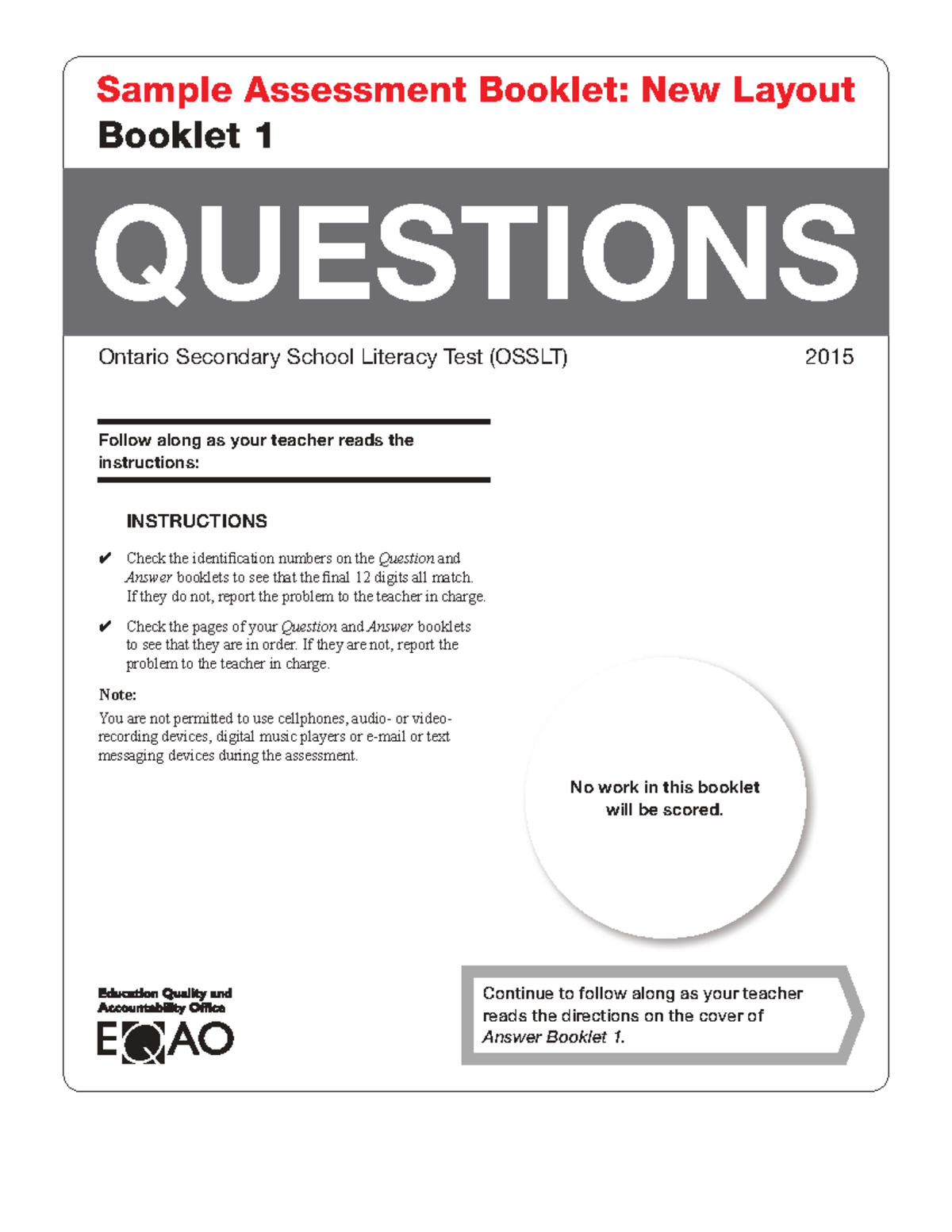 OSSLT 2015 Practice Test Booklet 1: Sample Questions & Instructions ...