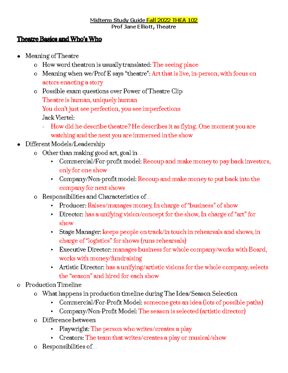 Study Guide THEA 102 Fall 2022 - Midterm Study Guide Fall 2022 THEA 102 Prof Jane Elliott ...