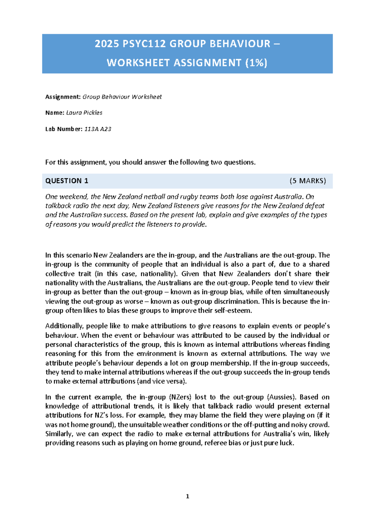 PSYC112 Group Behaviour Worksheet Assignment (10/10 Marks) - Studocu