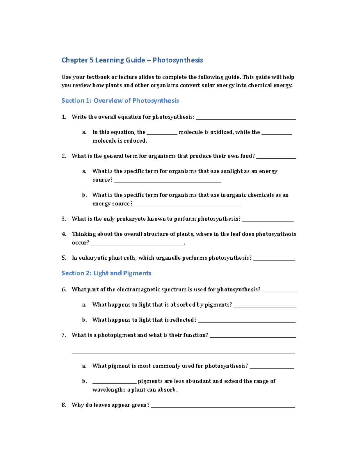 Chapter 5 Learning Guide: Key Concepts in Photosynthesis - Studocu