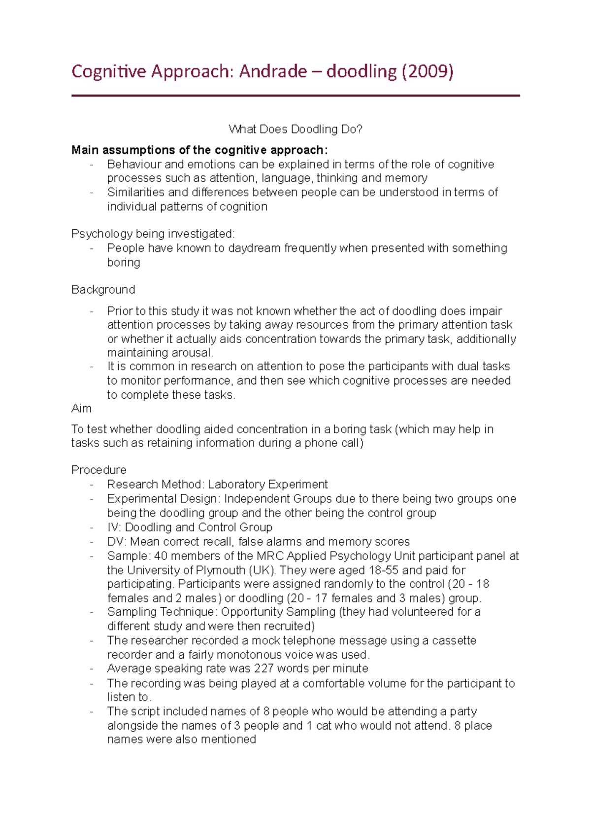 Cognitive Approach: Andrade's Doodling Study Analysis (2009) - Studocu