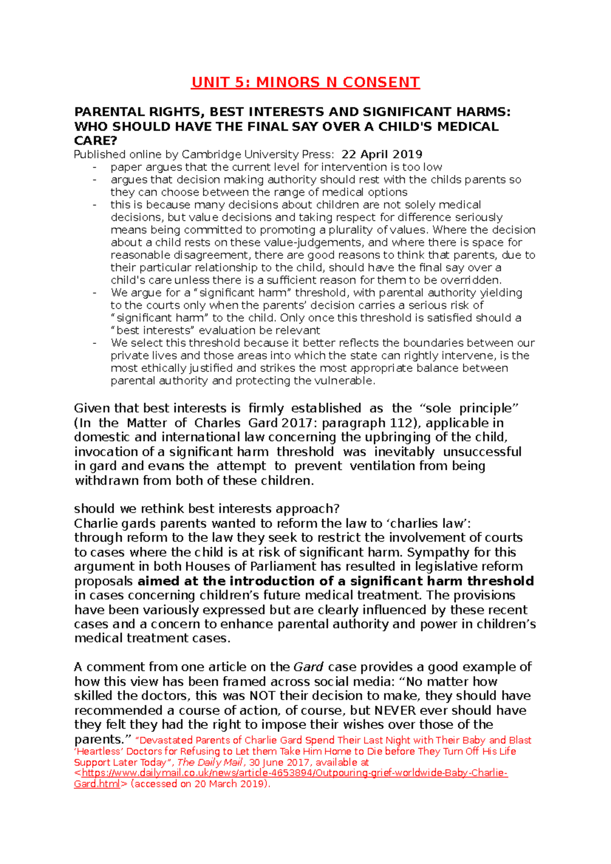 Unit 5: Minors, Consent, and Parental Rights in Medical Decisions - Studocu