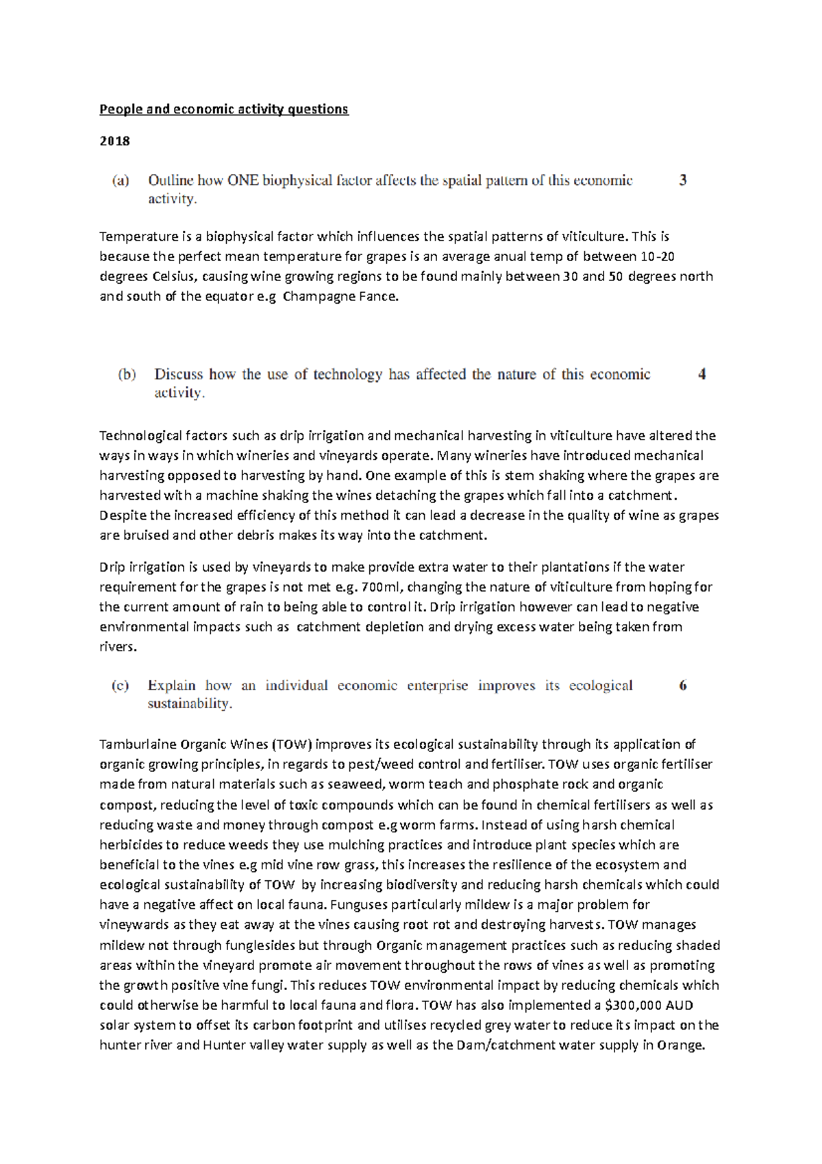 GEO HSC Short Answer Questions on Viticulture & Urban Issues - Studocu