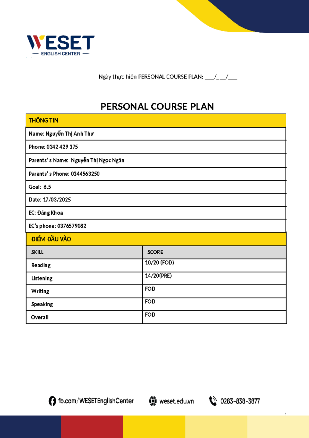 PCP ung thi kim an - áda - Ngày thực hiện PERSONAL COURSE PLAN ...