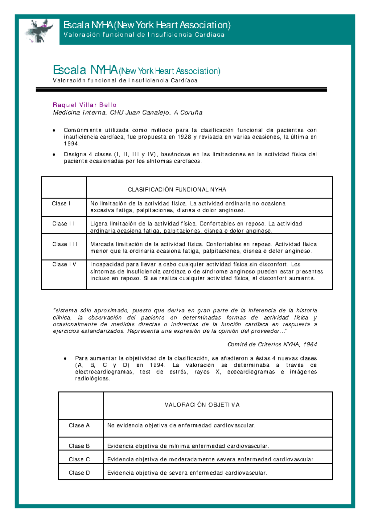 Clasificación Funcional de la Insuficiencia Cardíaca según NYHA - Studocu