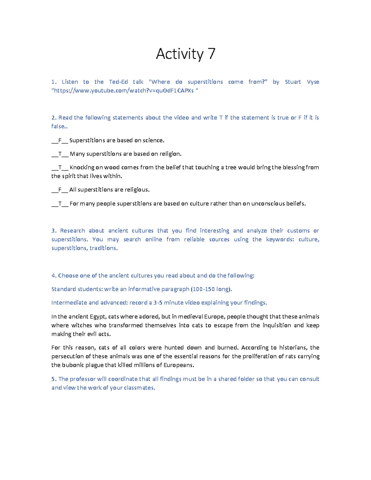 Activity 7, Superstitions exercise - Activity 7 Listen to the Ted-Ed ...
