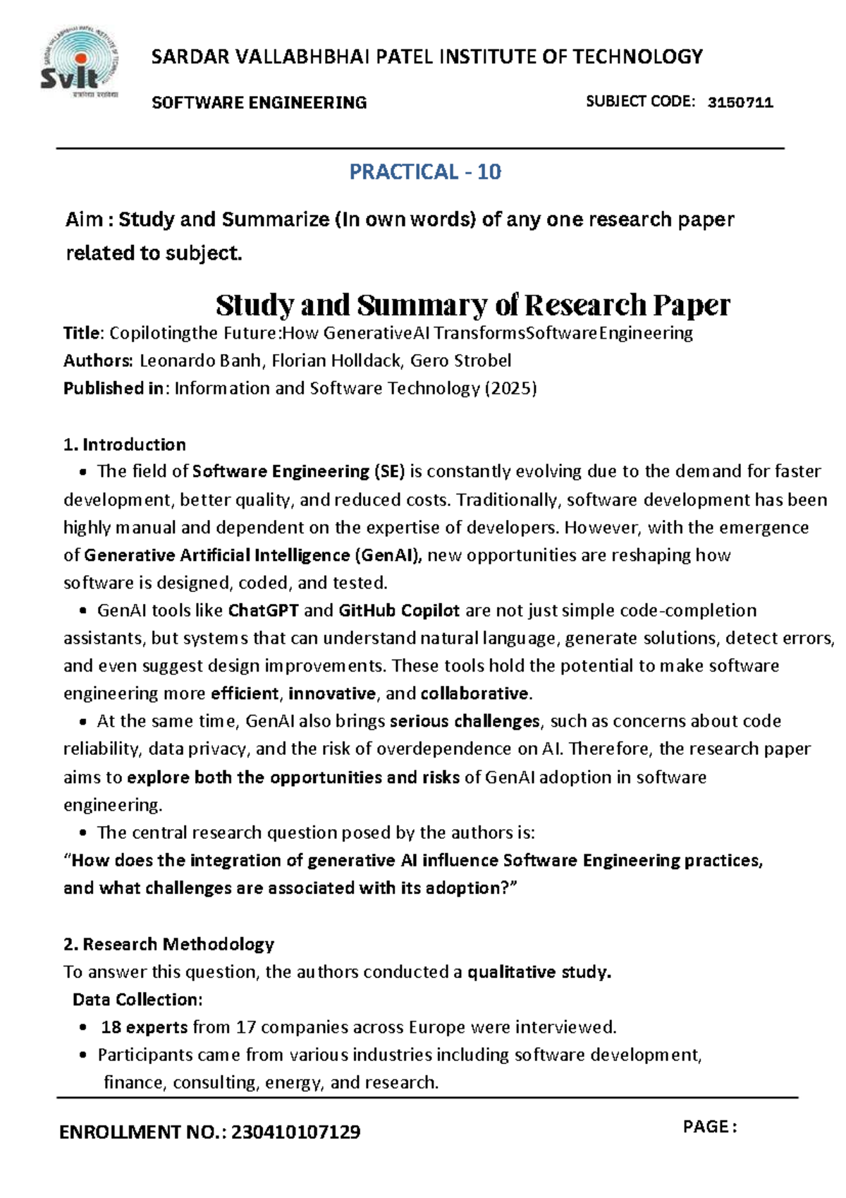 SE 3150711 Practical 10: Summary of Research on Generative AI in ...