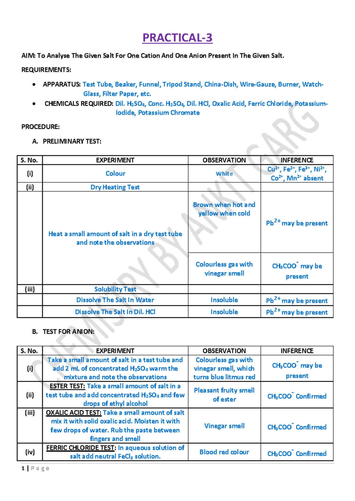 Practical No. 03 - Analysis of Cations and Anions in Salts - Studocu