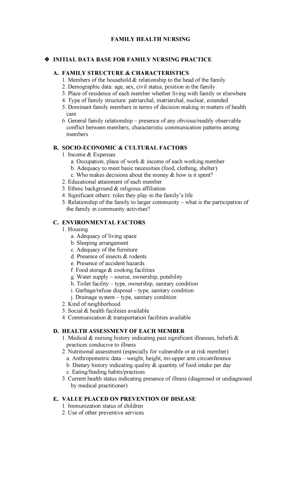CHN 1 Topic 1 - FAMILY HEALTH NURSING INITIAL DATA BASE FOR FAMILY ...