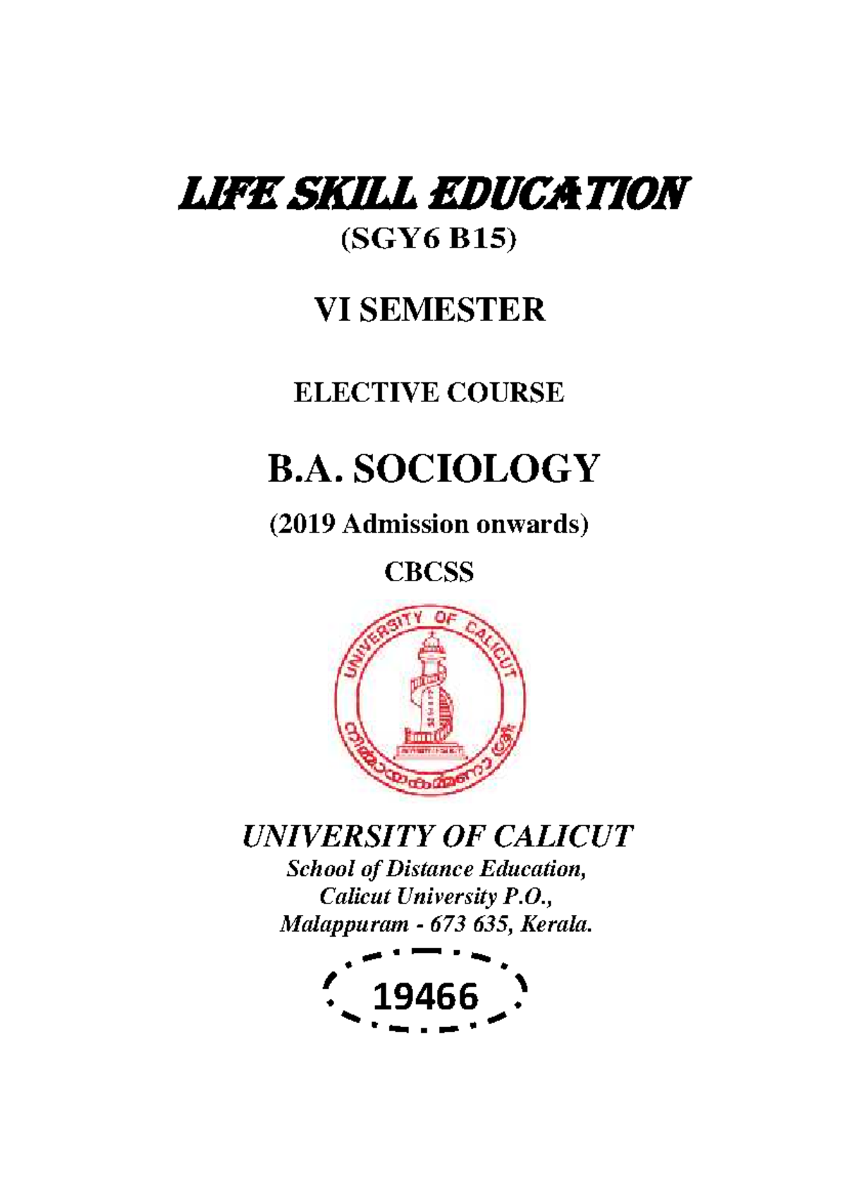 Life Skill Education (SGY6 B15) Study Material for VI Semester B.A ...
