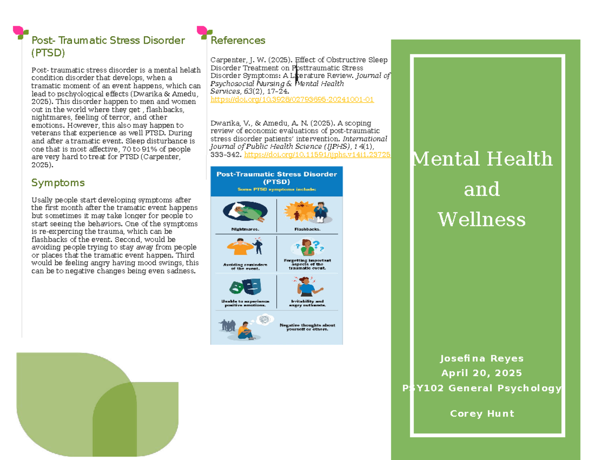 PSY-102 - Week 7 HW 1 - Brochure on Post-Traumatic Stress Disorder ...