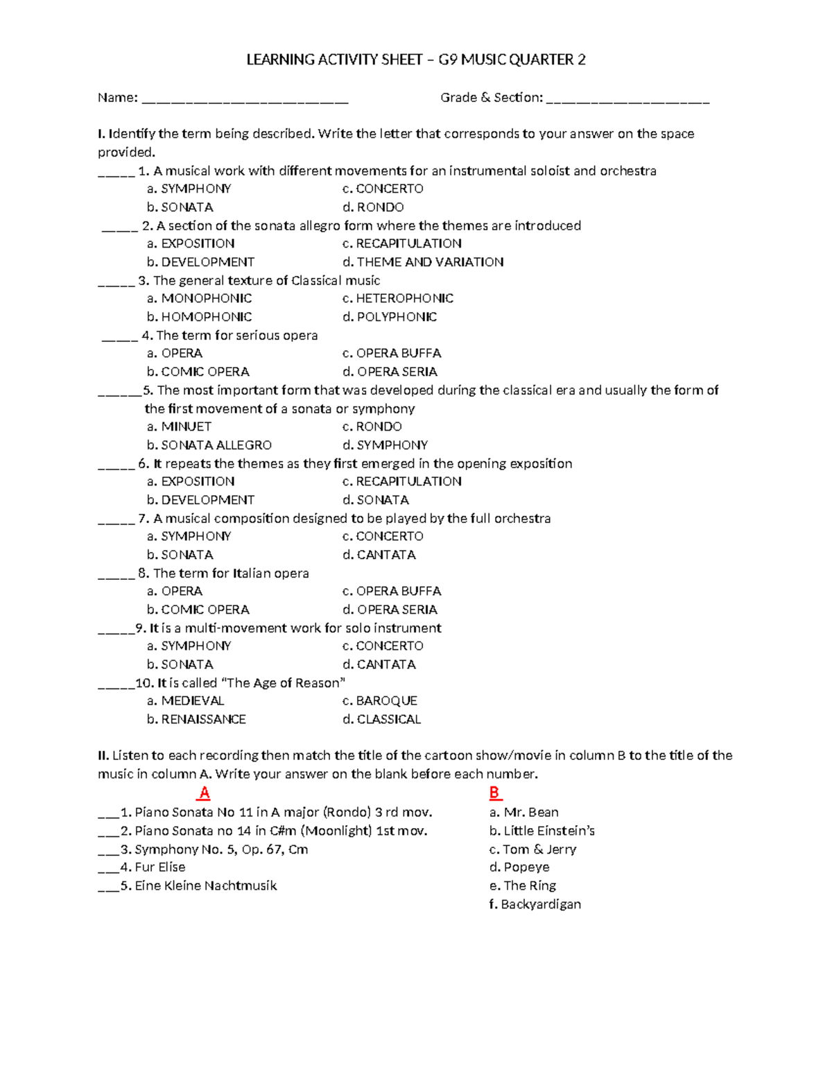Learning Activity Sheet Music QTR2 - LEARNING ACTIVITY SHEET – G9 MUSIC QUARTER 2 Name: - Studocu