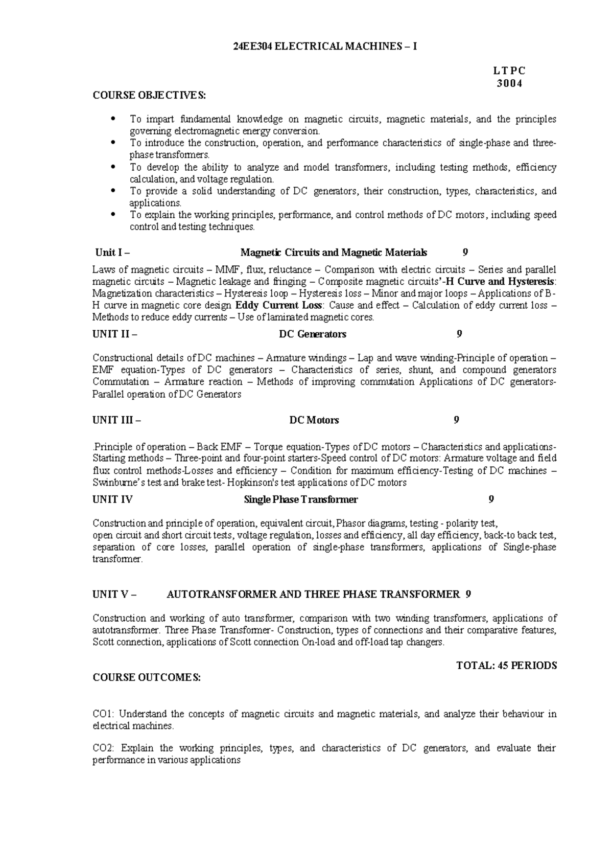 24EE304 Electrical Machines I - Course Objectives & Syllabus - Studocu
