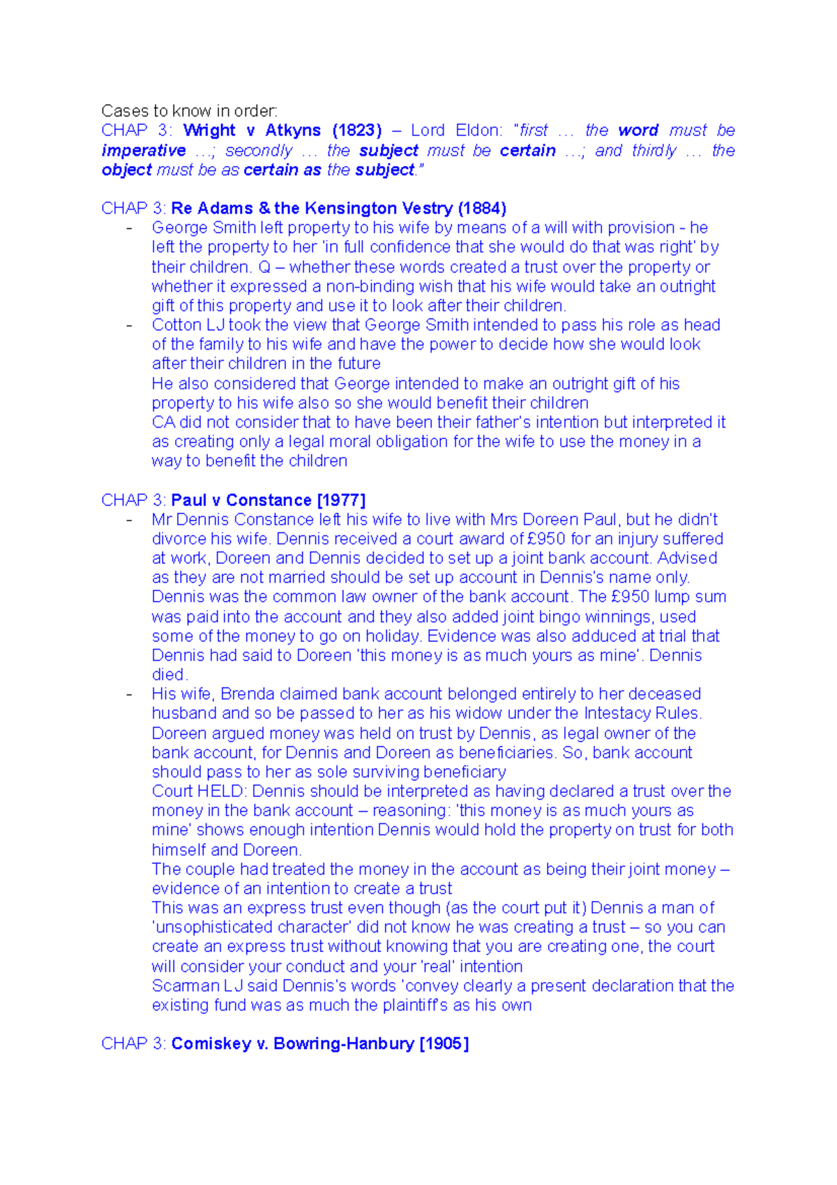 Cases TO KNOW - Summary Law - Cases to know in order: CHAP 3: Wright v Atkyns (1823) – Lord ...