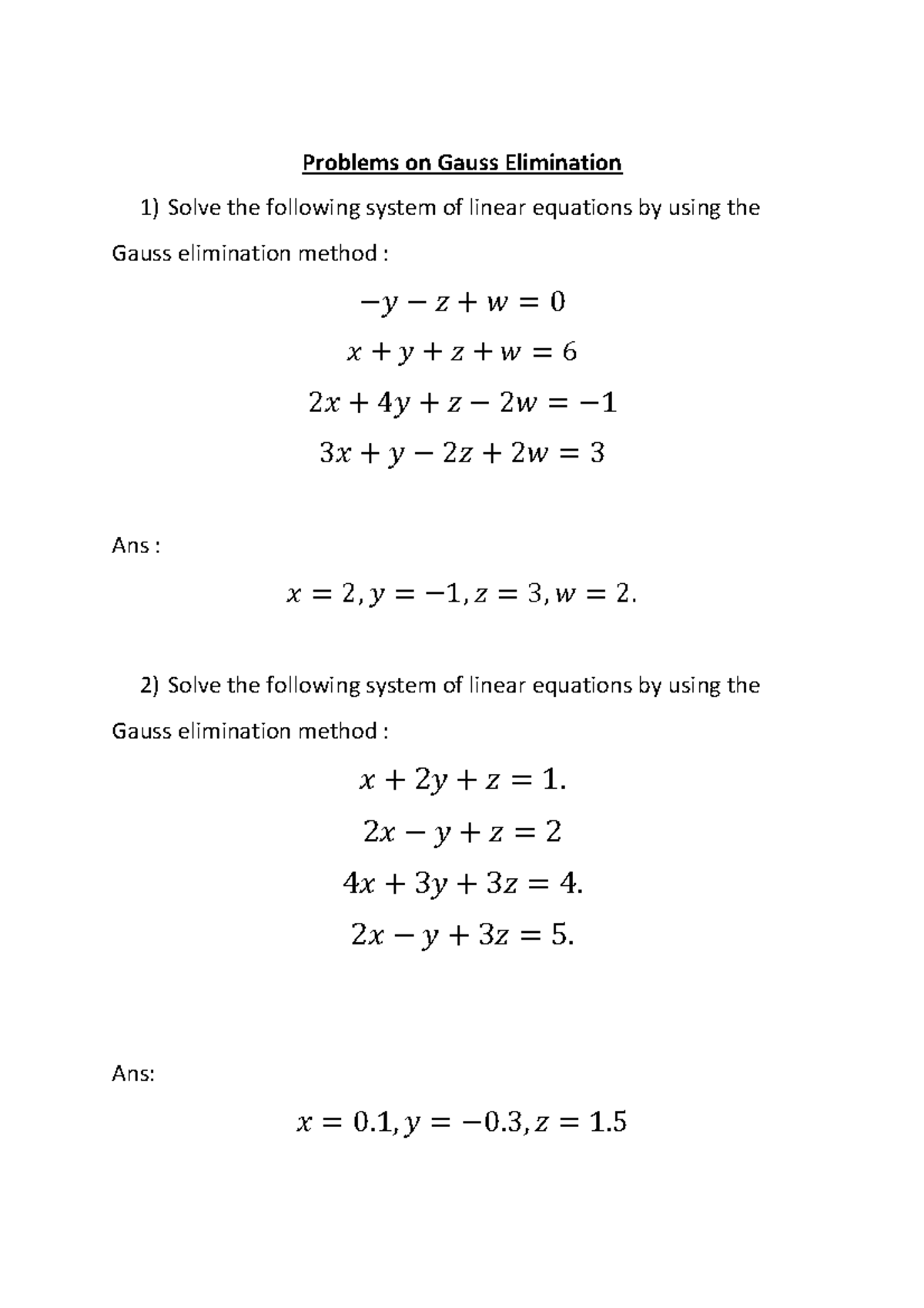 Gauss Elimination Method: Problem Set & Solutions (MATH 101) - Studocu