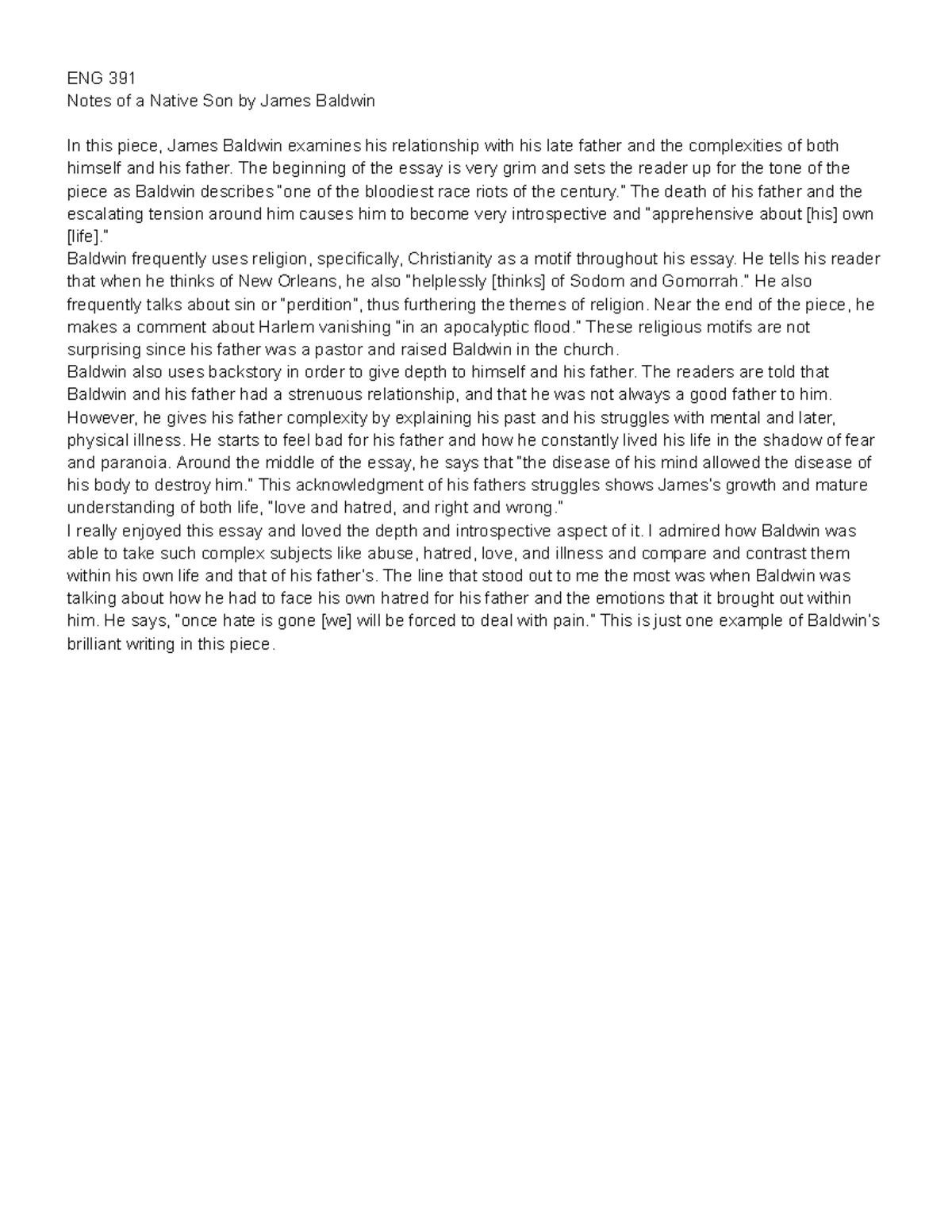 ENG 391 Reading Response: Analyzing Baldwin's 'Notes of a Native Son ...