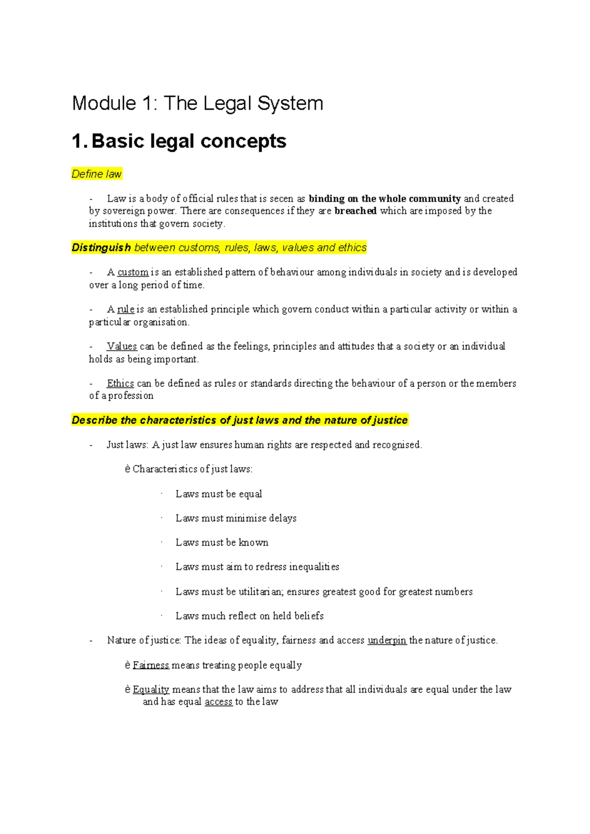 Legal studies 2025: Basic legal concepts and principles explained - Studocu