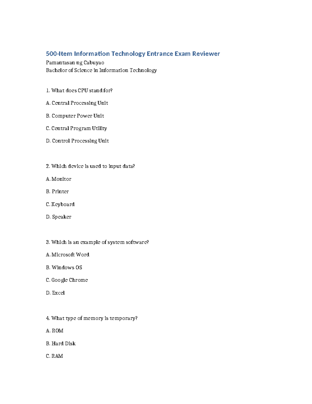 IT Entrance Exam Reviewer (BSIT) - 500 Questions - Studocu