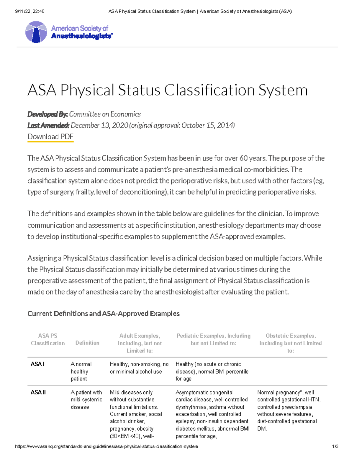 ASA Physical Status Classification System American Society of ...