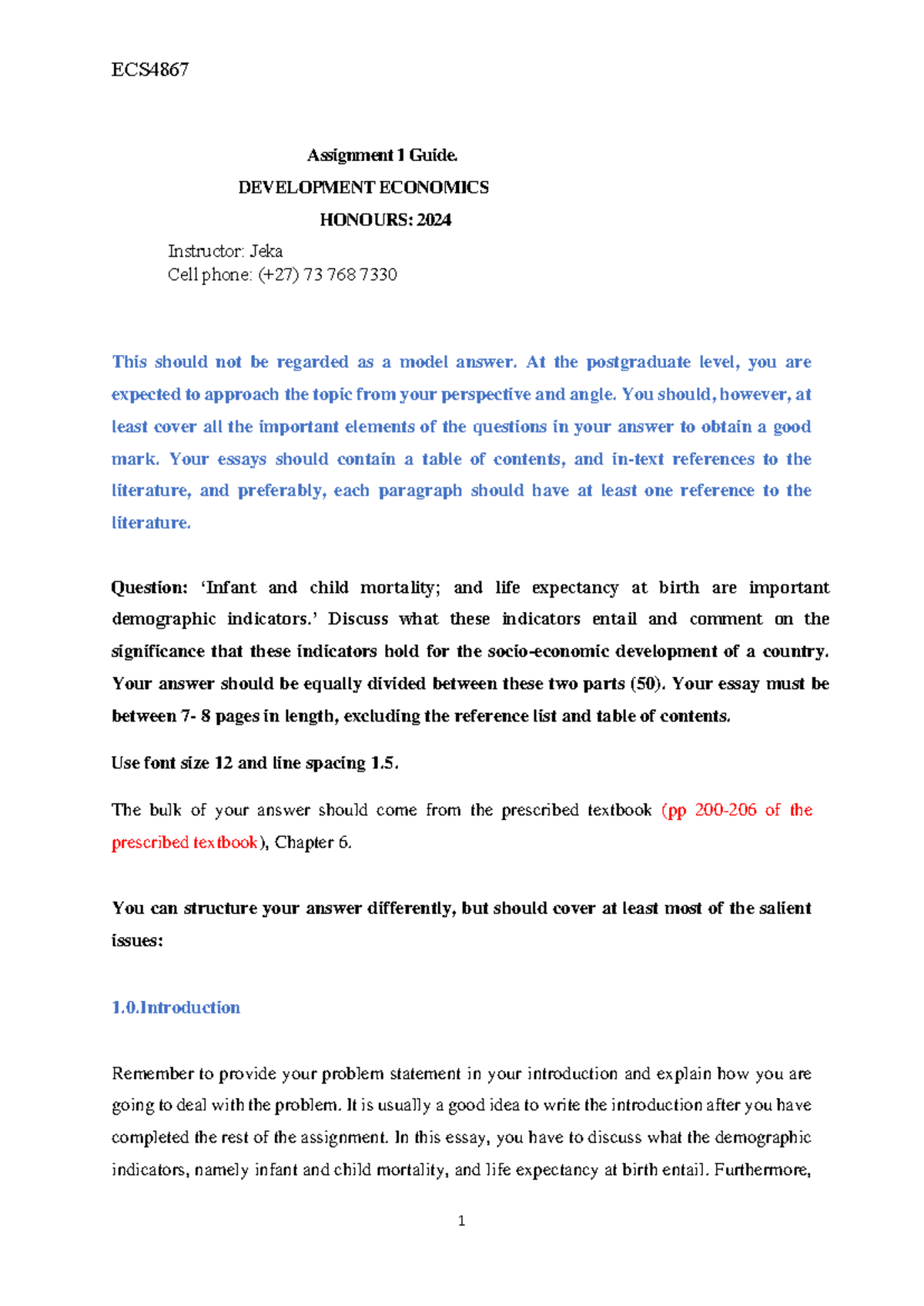 ECS4867 Development Economics Assignment 01: Demographic Indicators Guide 2024 - Studocu