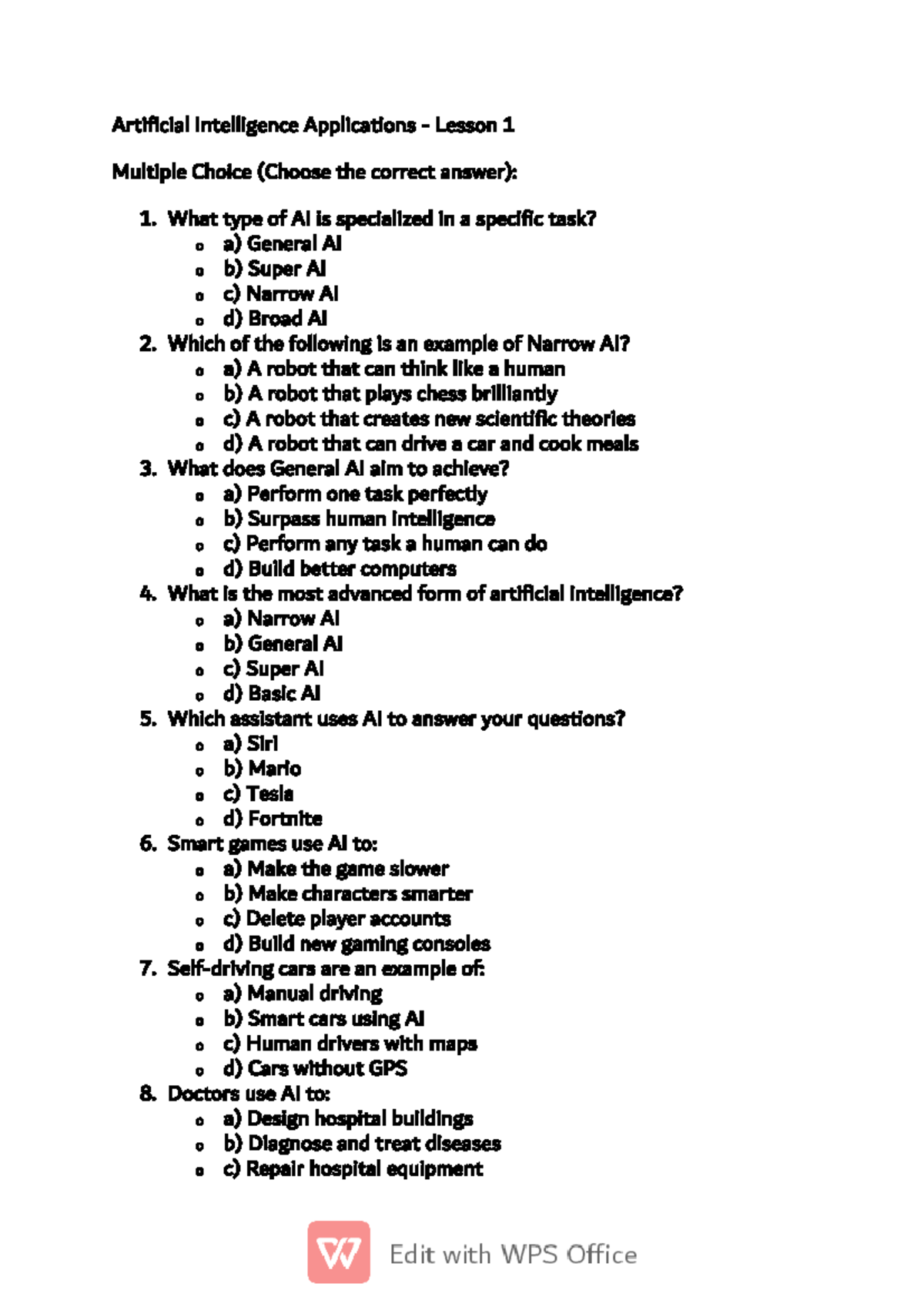 AI Applications Lesson 1: Multiple Choice Questions (DOC-20250512) - Studocu