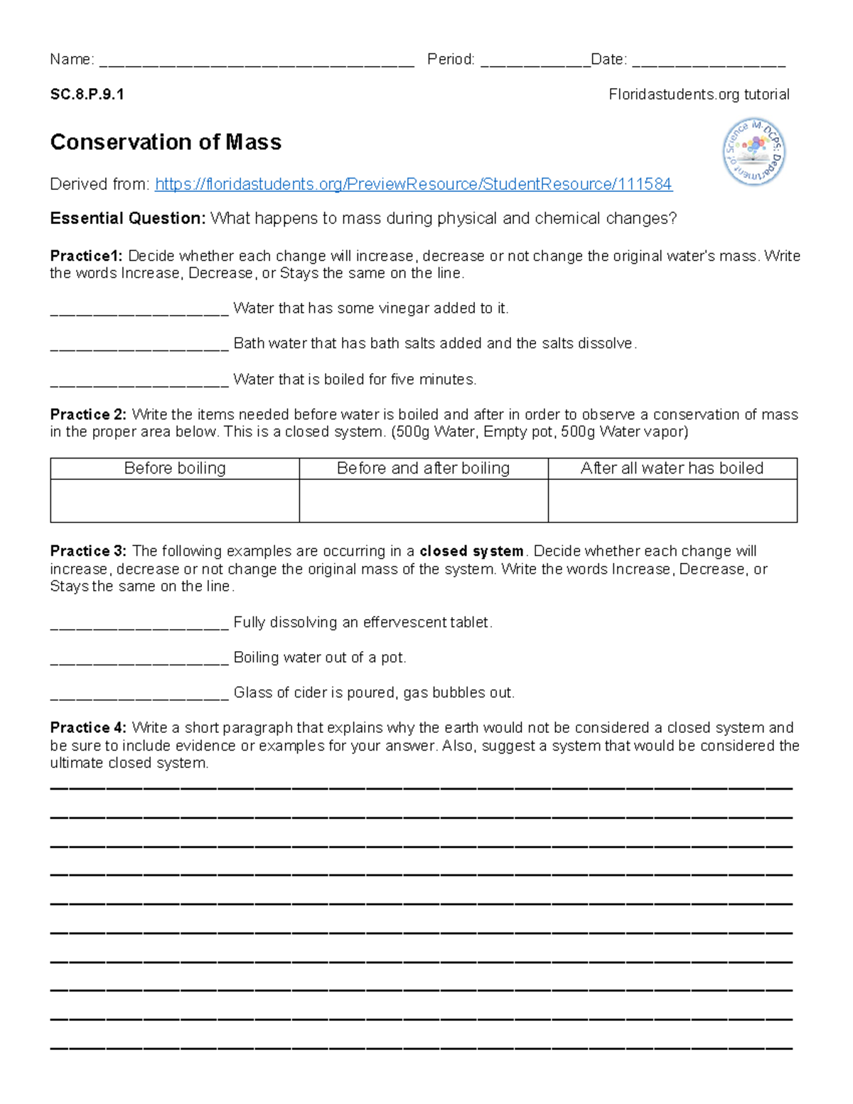 SC.8.P Conservation of Mass Practice and Tutorial Notes - Studocu
