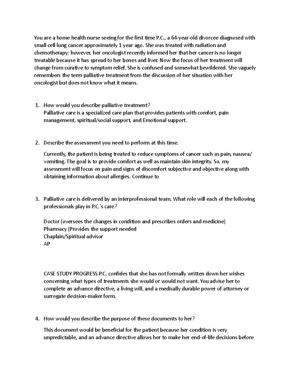 Cancer Case Study: P.C.'s Palliative Care Journey and Directives - Studocu