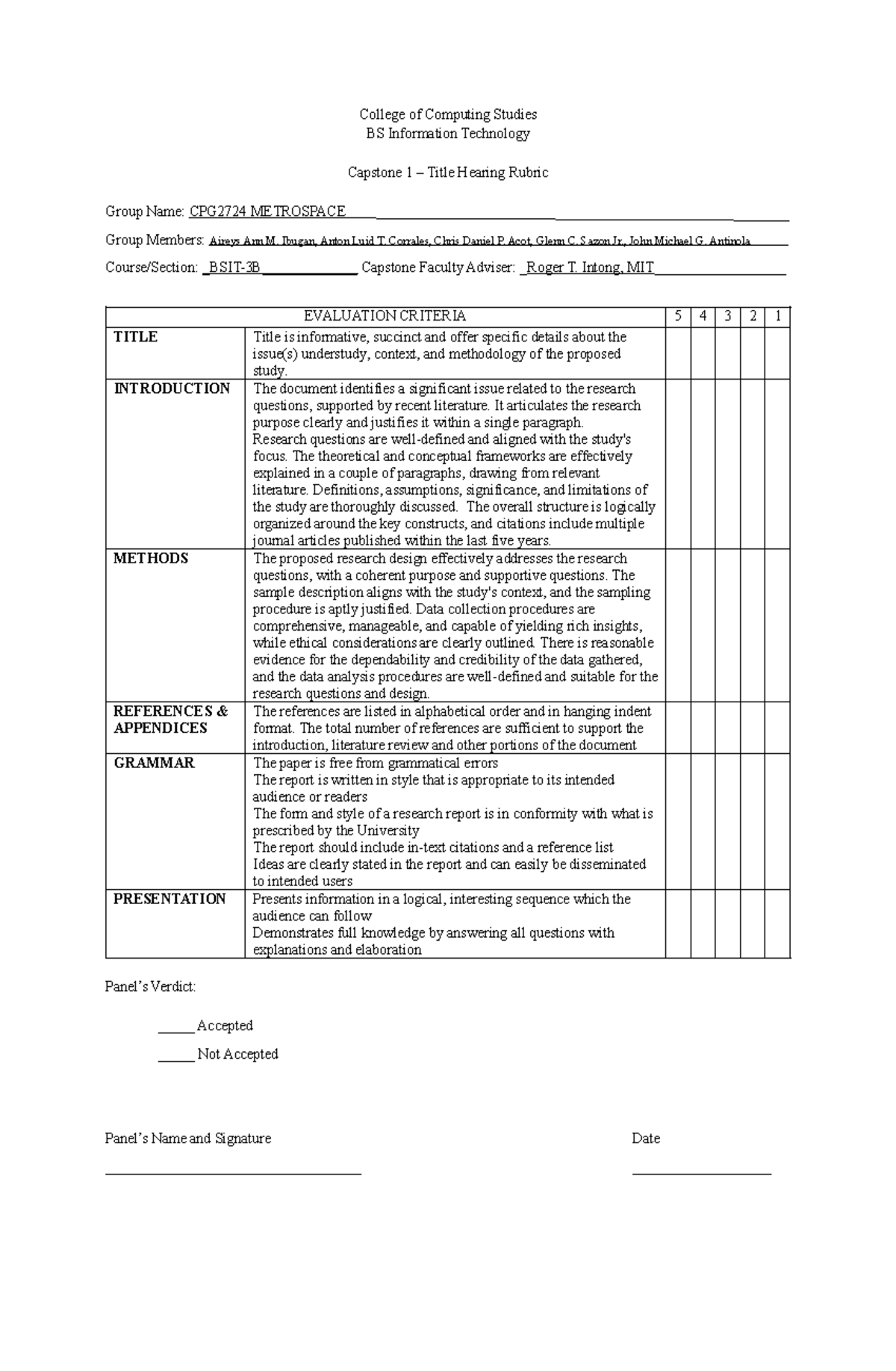 Capstone 1 Title Hearing Rubric - CPG2724 Evaluation Criteria - Studocu