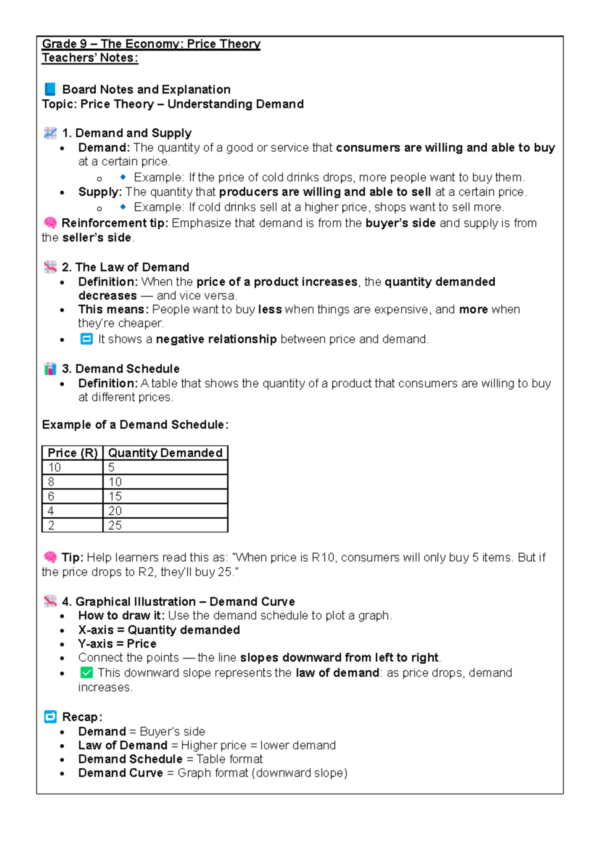 Grade 9 Economics: Price Theory & Demand-Supply Concepts - Studocu