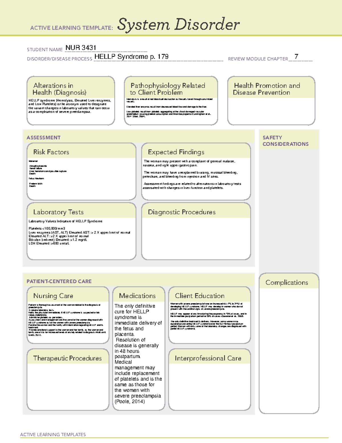 NUR 3431 Active Learning Template: Understanding HELLP Syndrome - Studocu