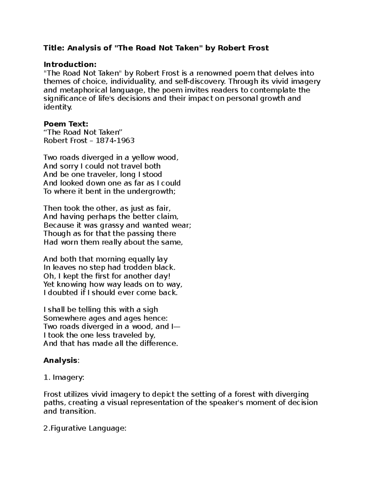Handout For Analysis (for the PPT) - Title: Analysis of "The Road Not ...