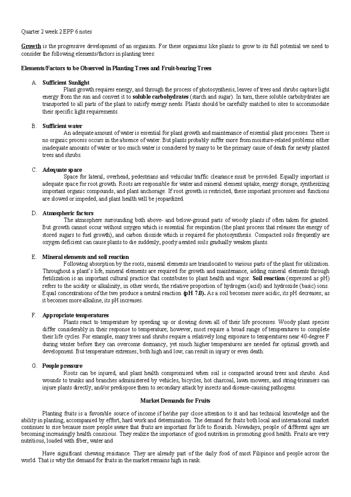 EPP 6: Week 2 Notes on Plant Growth and Market Demand for Fruits - Studocu