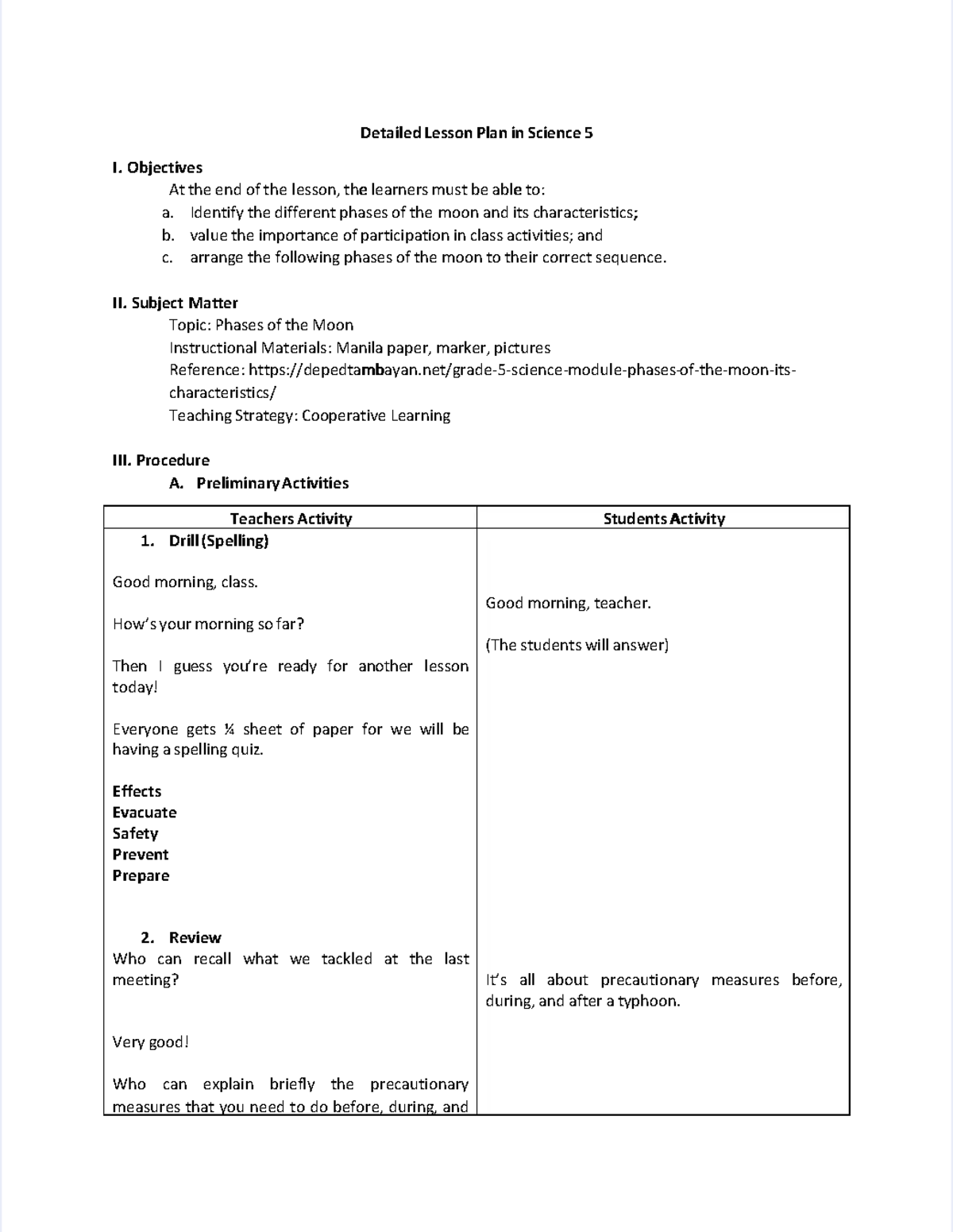 Detailed Lesson Plan on Science: Phases of the Moon (Grade 5) - Studocu