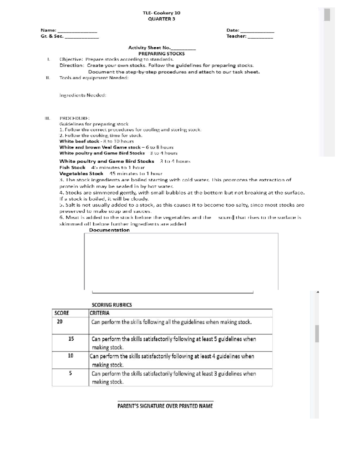 Cookery 10 Activity Sheet: Preparing Stocks Guidelines - Studocu