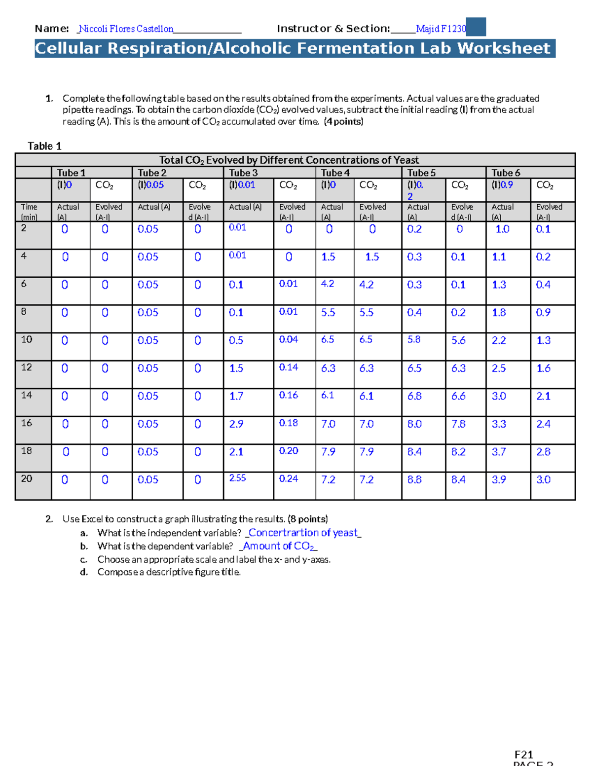 Cellular Respiration & Alcoholic Fermentation Lab Worksheet - Majid F ...