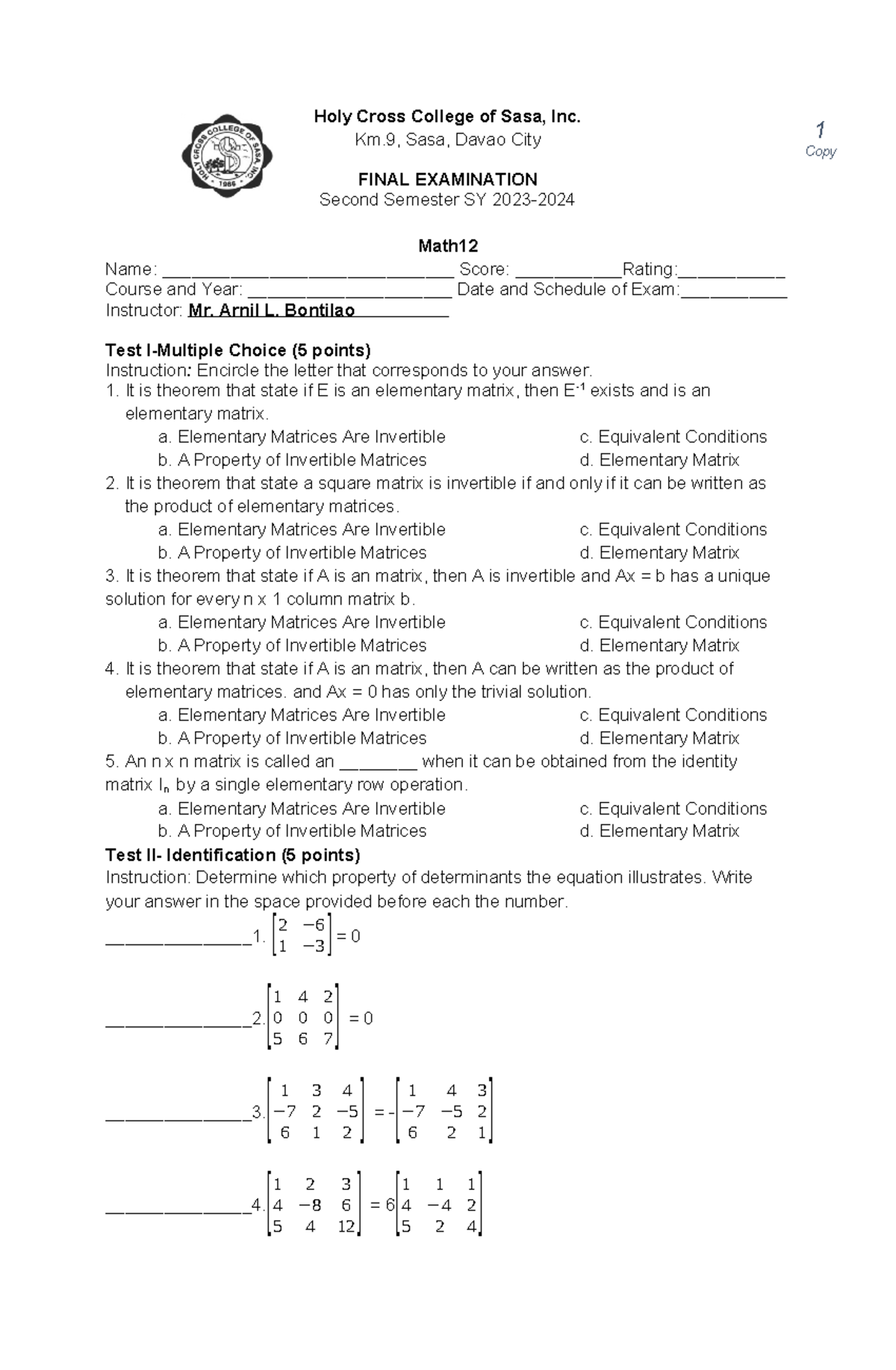 Final Exam Review for Math 12 - Determinants and Matrix Theorems - Studocu