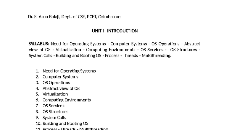 Unit I Introduction To Operating Systems Cs3451 Notes Studocu