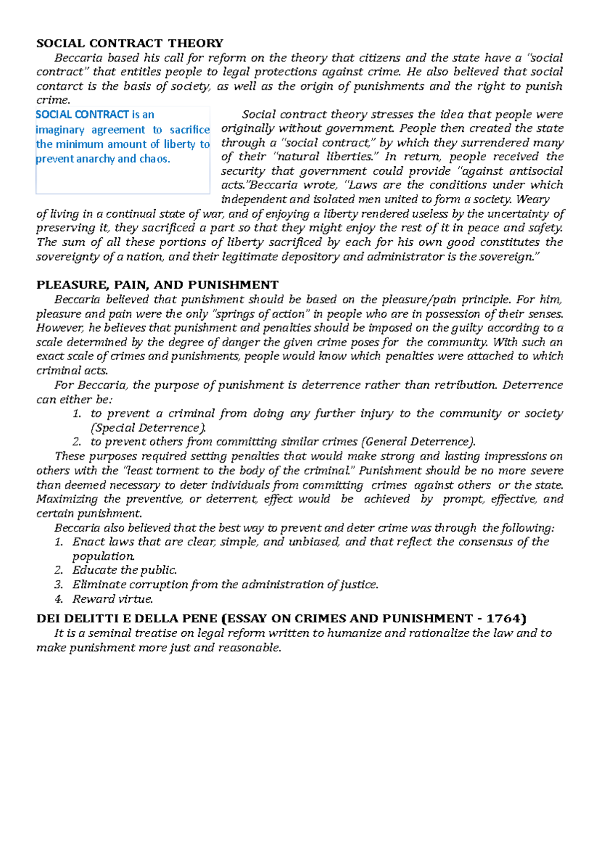 Social Contract Theory - SOCIAL CONTRACT THEORY Beccaria based his call ...