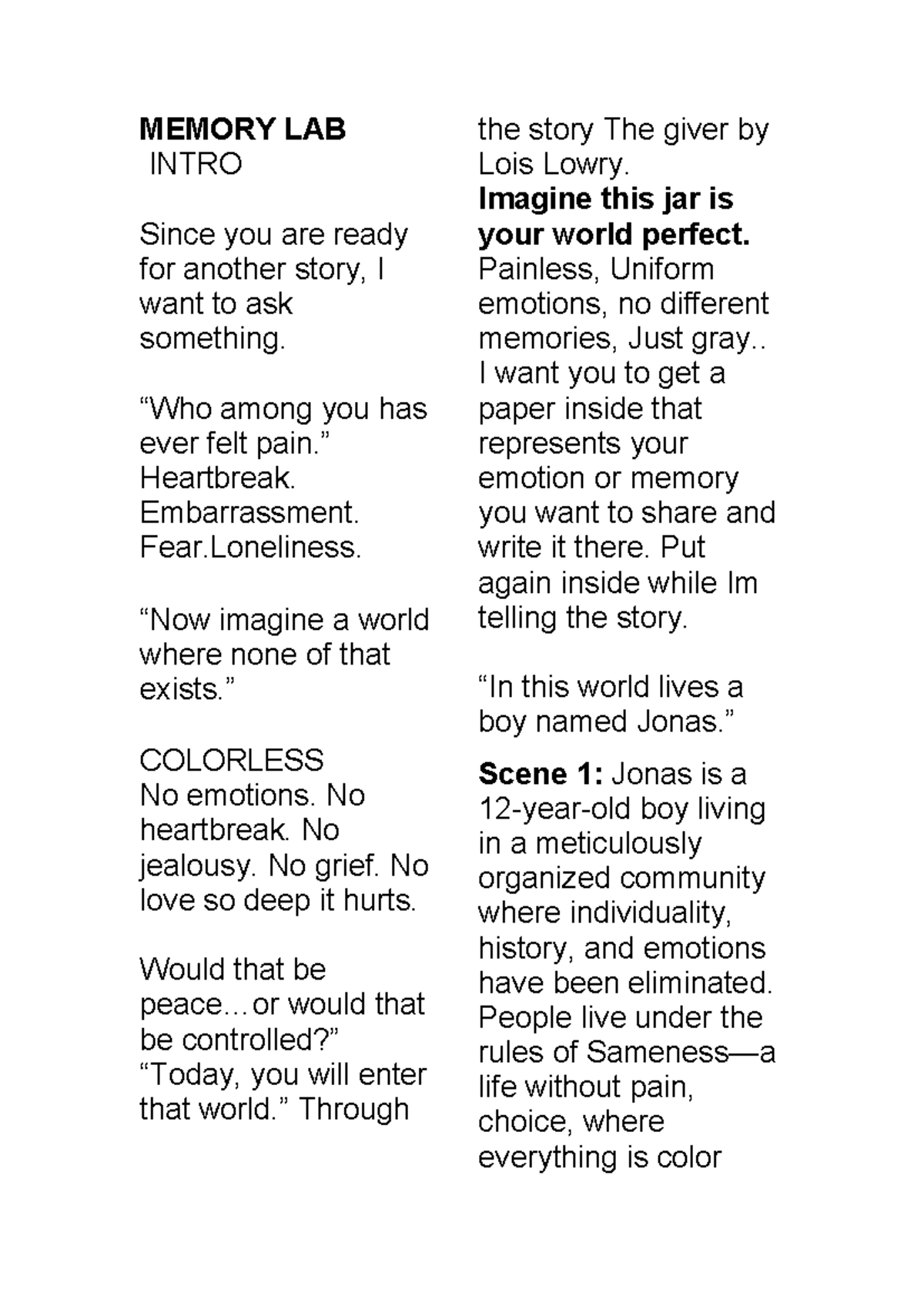 The Giver (ENG 101) - Memory Lab Notes and Analysis - Studocu