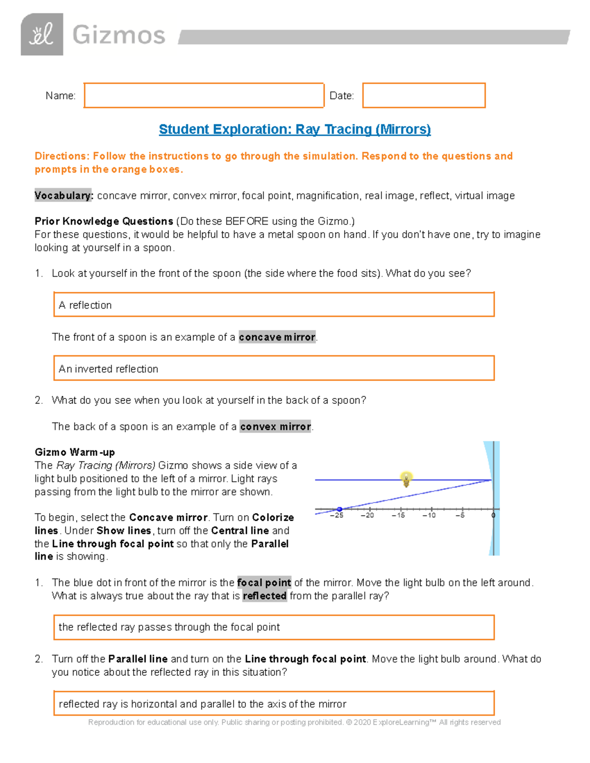 Ray Tracing Mirrors Exploration SE - Physics Gizmo Activity - Studocu