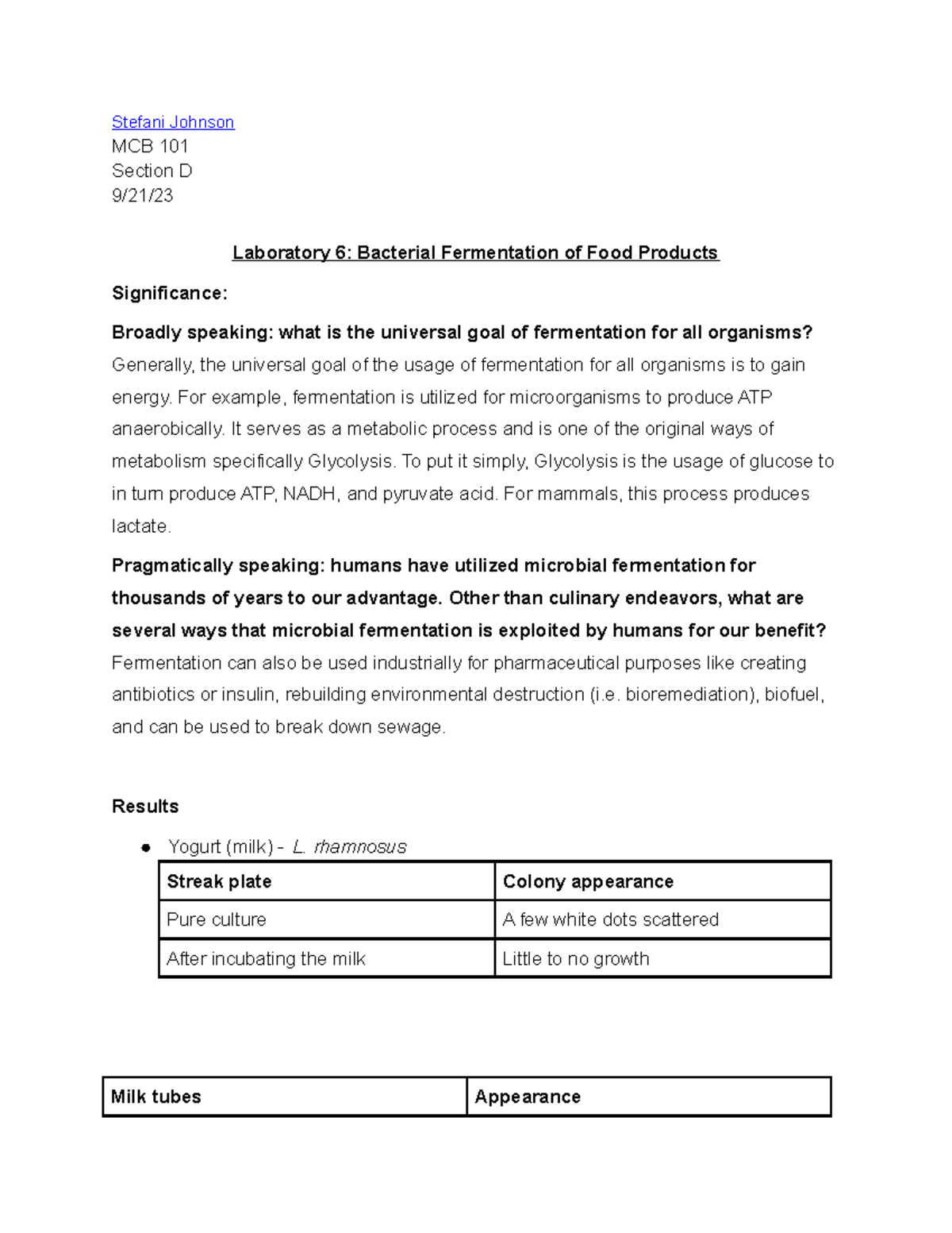 Lab 6 report - Stefani Johnson - Stefani Johnson MCB 101 Section D 9/21 ...