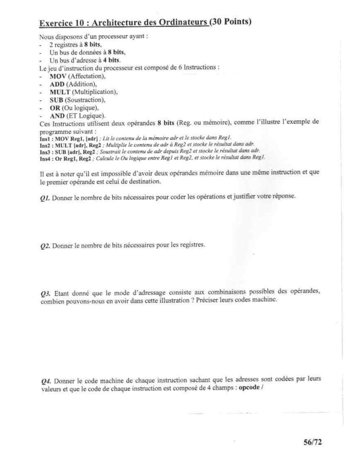 Exercice 10 : Architecture des Ordinateurs - Analyse des Instructions ...