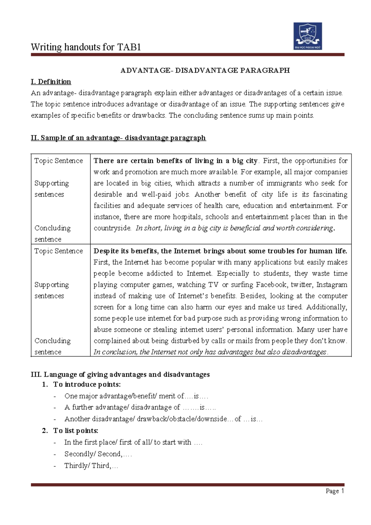 Writing Handout: TAB1 Disadvantage Paragraph Guide - Studocu